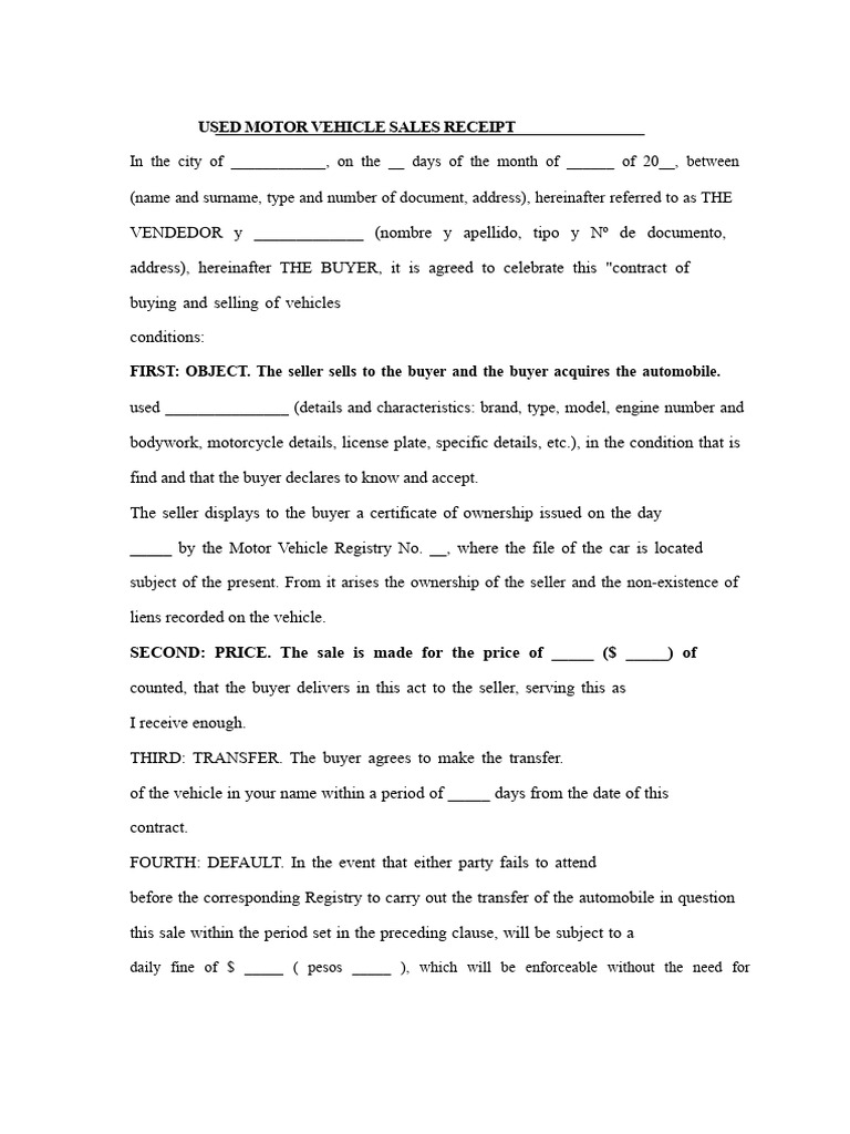 Used Motor Vehicle Purchase Agreement | PDF | Sales | Procurement