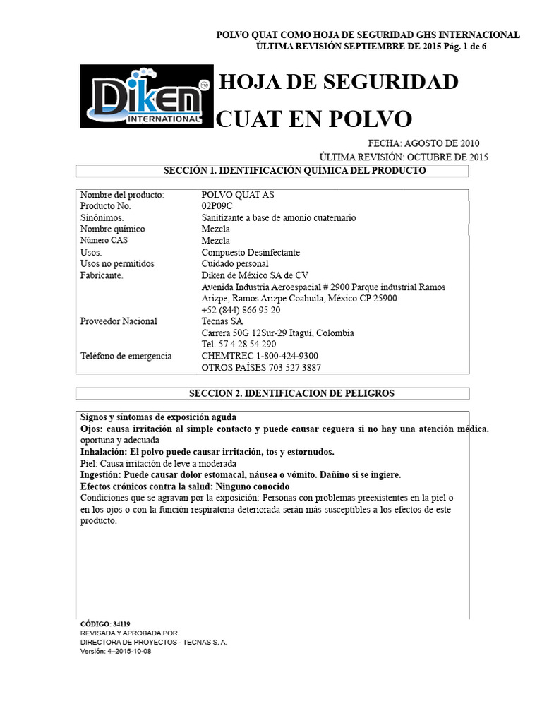 Hoja de Seguridad: Polvo Quat GHS | PDF | Agua | Combustión