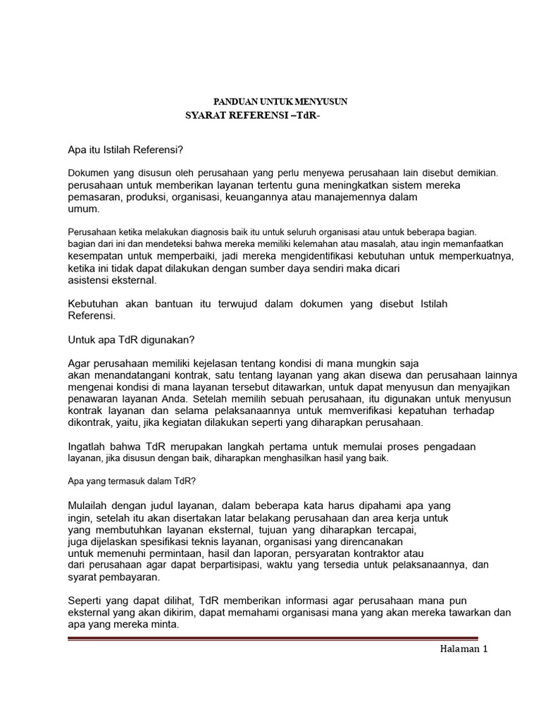 Panduan Menyusun Syarat Referensi TdR | PDF