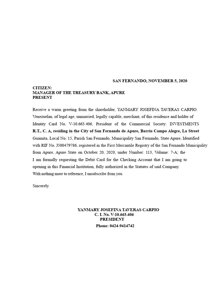 Letter Requesting Debit Card From The Treasury Bank | PDF