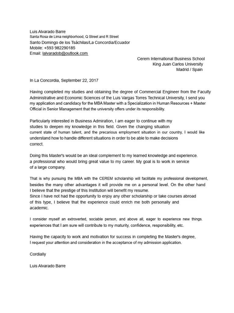 Motivation Letter Master's Degree | PDF