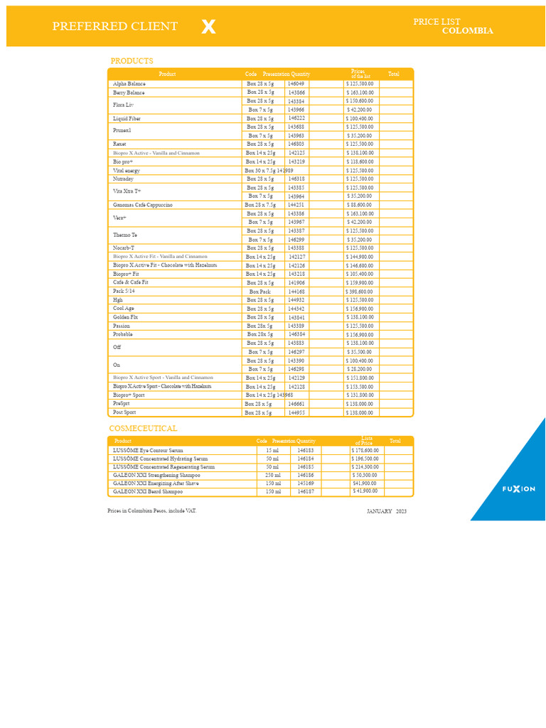 Preferred Client Price List Fuxion Colombia January 2023 - CO ...