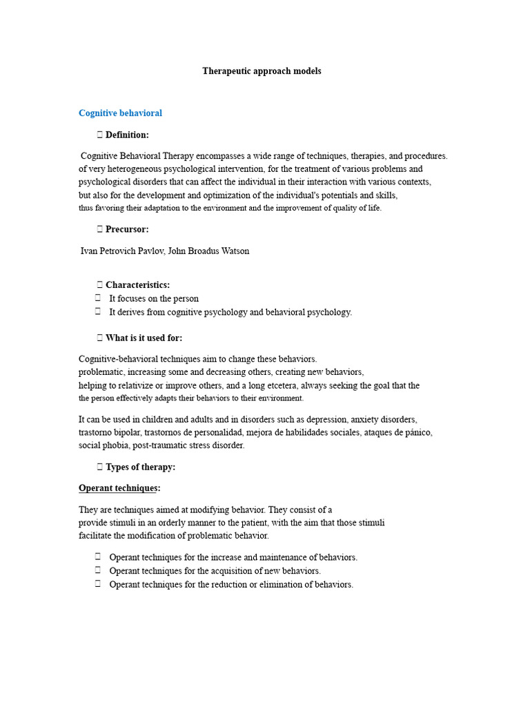 Overview of Therapeutic Approach Models | PDF | Psychotherapy ...