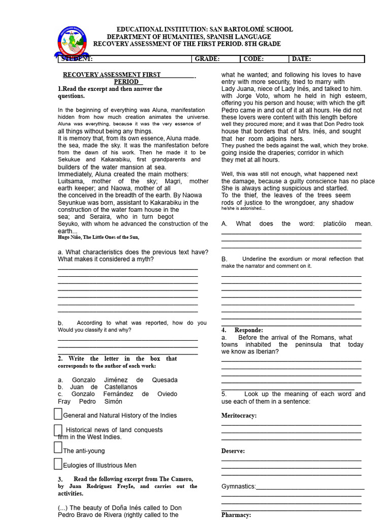 8th Grade Spanish Language Recovery Assessment | PDF