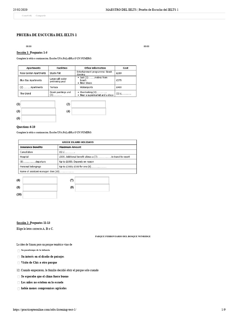 Prueba de Escucha IELTS 1: Ejercicios y Respuestas | PDF | Sistema ...