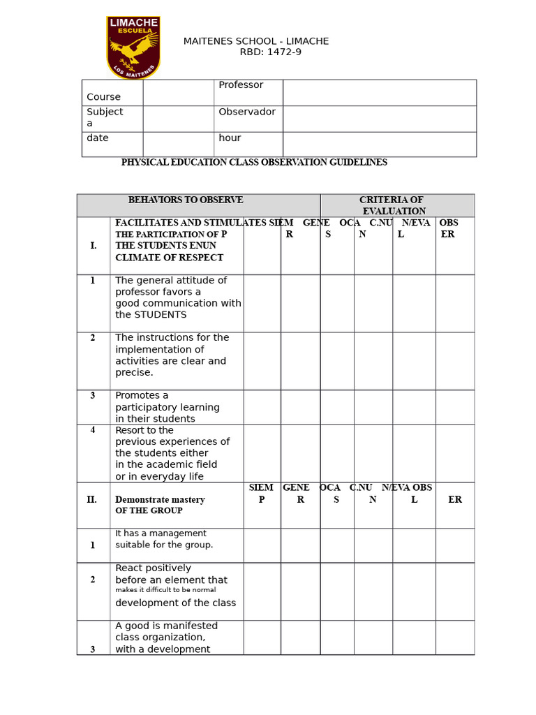 Physical Education Class Observation Guide | PDF | Methodology ...