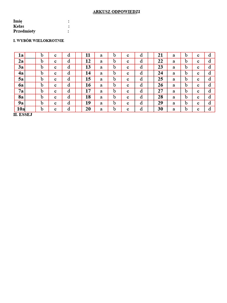 Arkusz Odpowiedzi | PDF