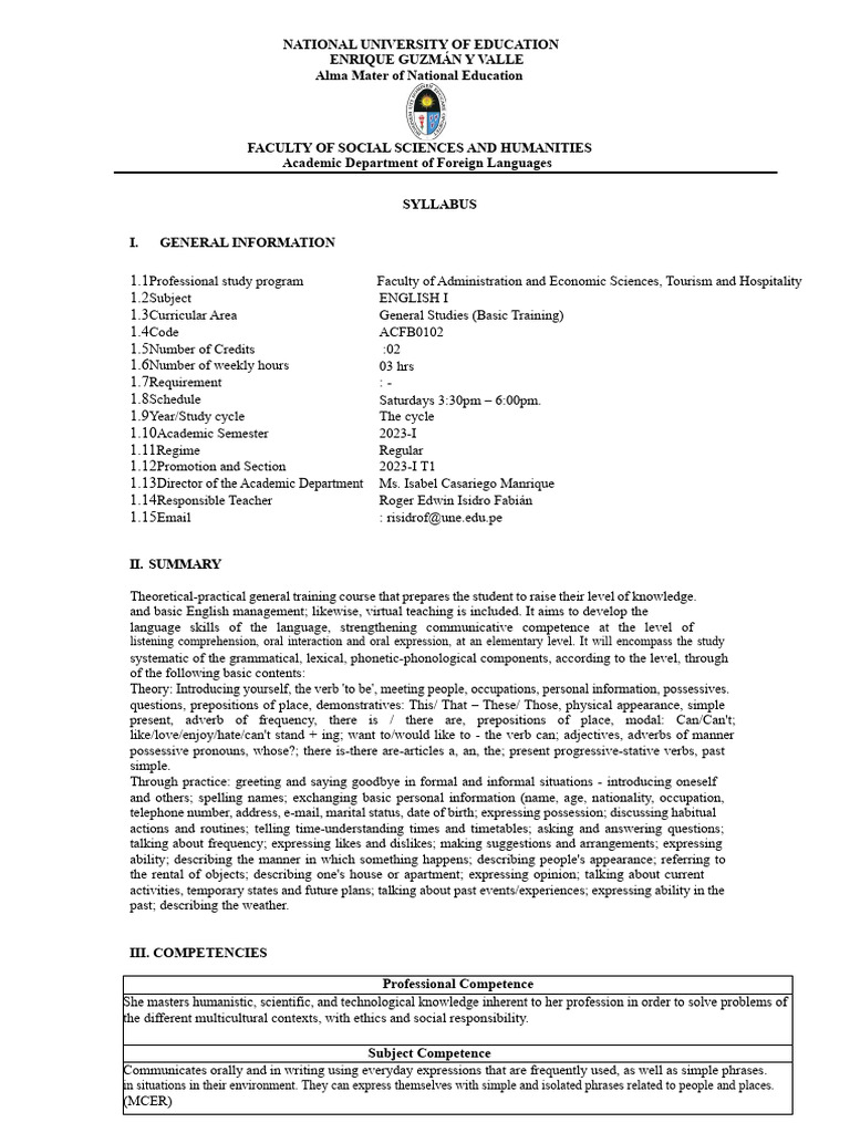 Syllabus-ENGLISH I-2023-I-T1 | PDF | Verb | Linguistic Morphology