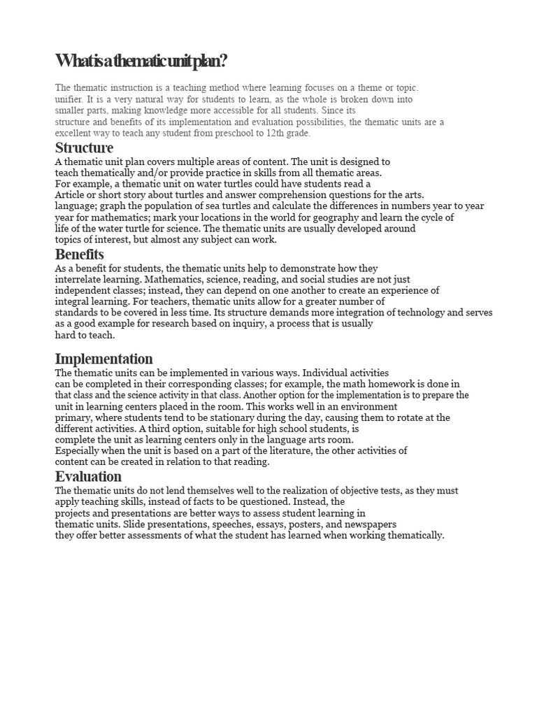 Understanding Thematic Unit Plans | PDF | Knowledge | Learning