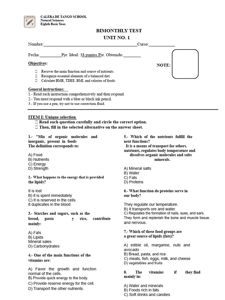 Nutrition Test 1 Eighth | PDF | Food Energy | Nutrition