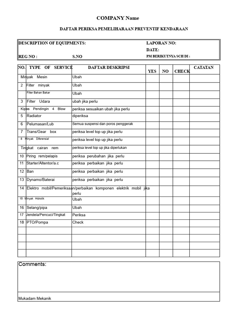 Daftar Periksa Pemeliharaan Kendaraan | PDF