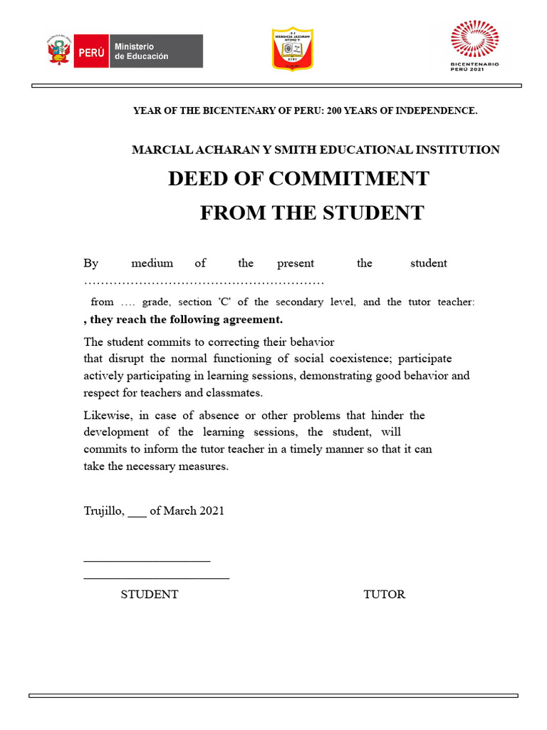 Student Commitment Agreement For Secondary School | PDF