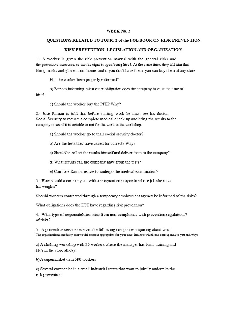 EXERCISES - Topic 9 - OCCUPATIONAL RISK PREVENTION (TOPIC 2 OF THE BOOK ...