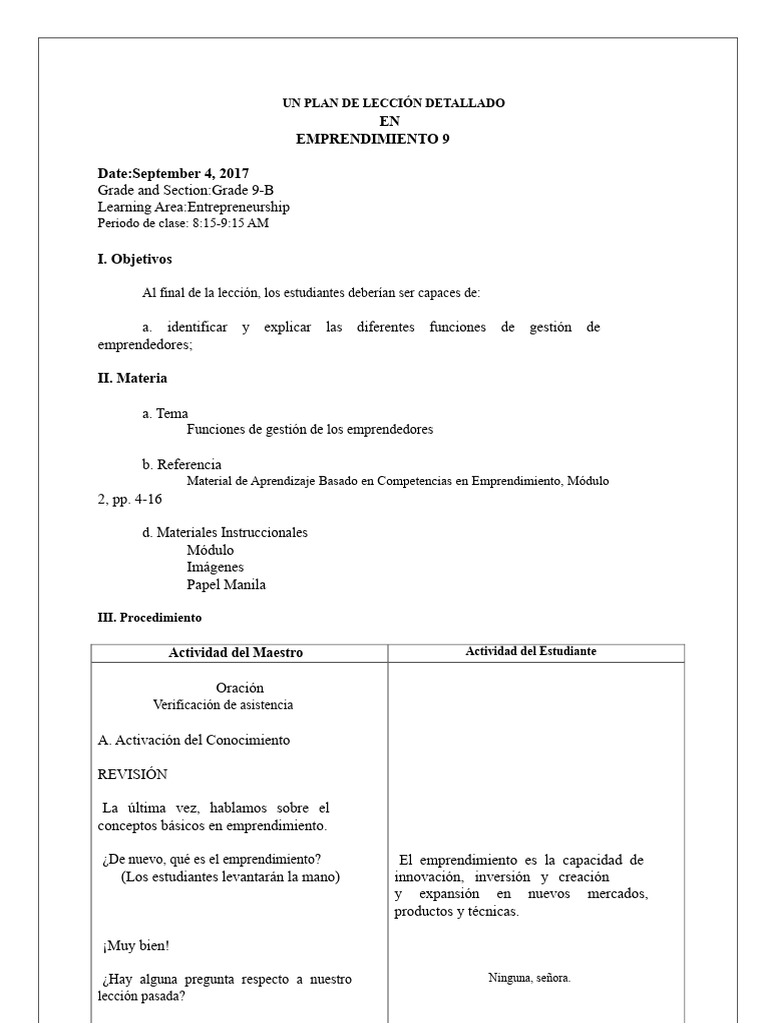 Un Plan de Lección Detallado | PDF | Iniciativa empresarial | Business