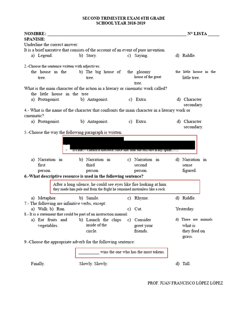 Second Semester Exam Sixth Grade | PDF