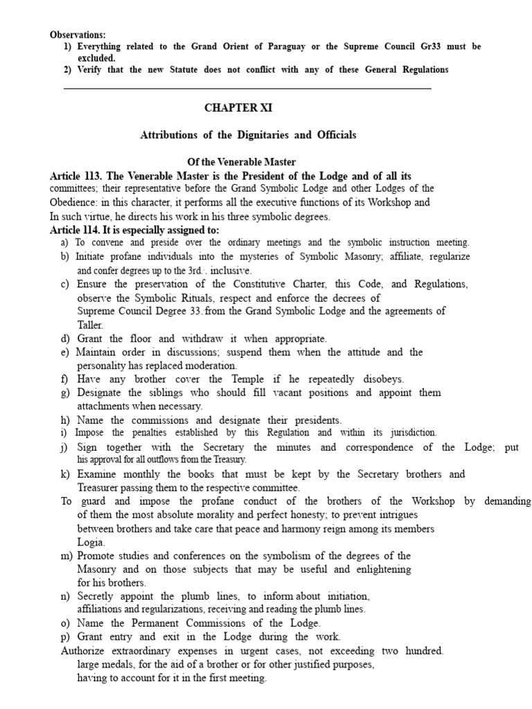 CHAPTER XI DDig and OOf General Regulations Old | PDF | Freemasonry