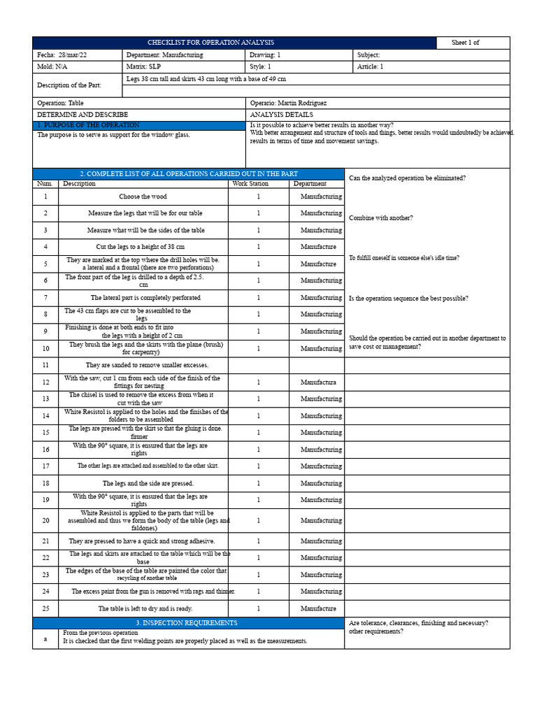 Checklist For The Operation Analysis of The Table | PDF | Drill | Welding