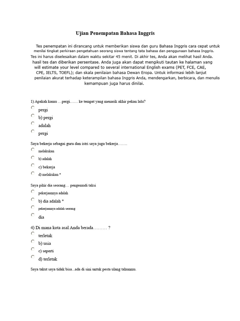 Tes Penempatan Bahasa Inggris | PDF