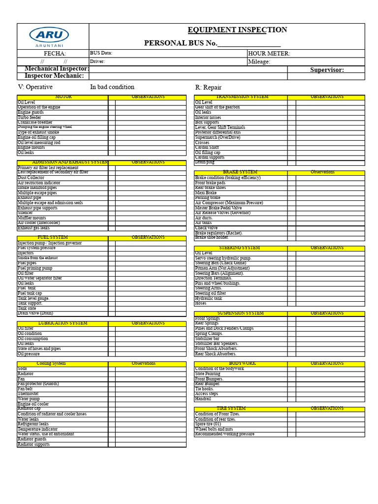 Bus Inspection Format | PDF | Brake | Steering