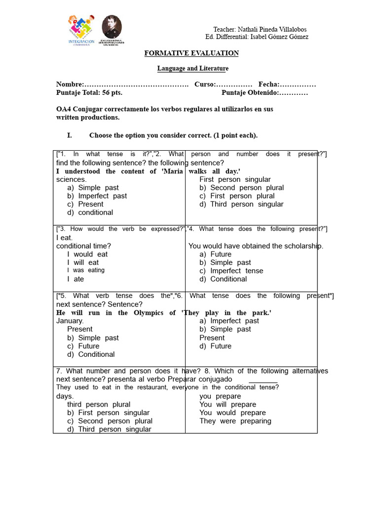 Formative Test Verbs Seventh | PDF | Grammatical Tense | Linguistic ...