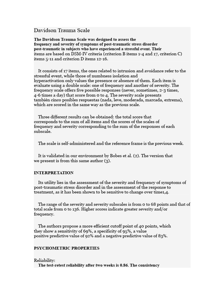 Davidson Trauma Scale for PTSD Assessment | PDF | Mental Disorder ...