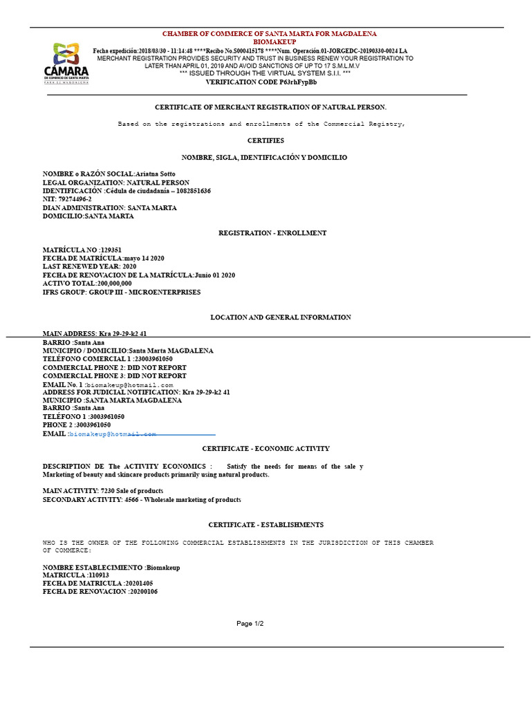 Chamber of Commerce Certificate | PDF | Signature | Document
