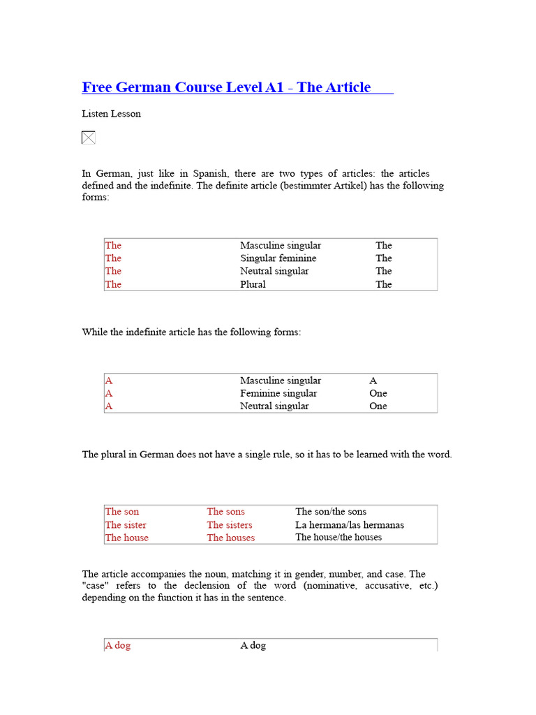 Free German Course Level A1 | PDF | Grammatical Gender | Grammatical Number
