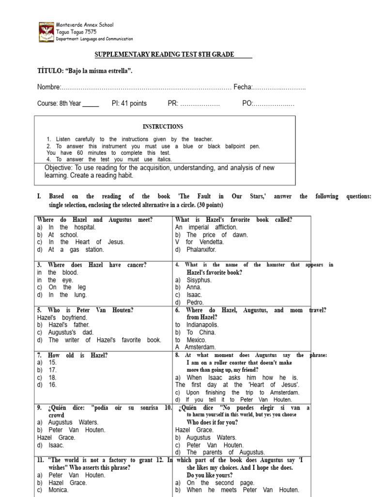 Test Book The Fault in Our Stars 8th Graders | PDF