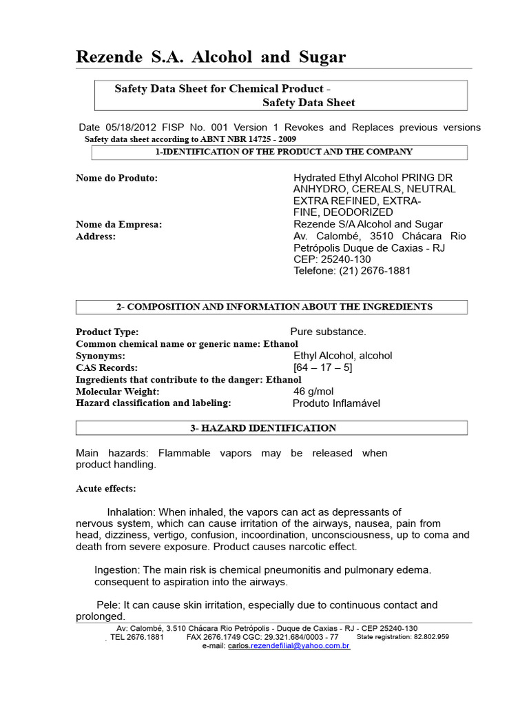 Chemical Product Safety Data Sheet | PDF | Ethanol | Water