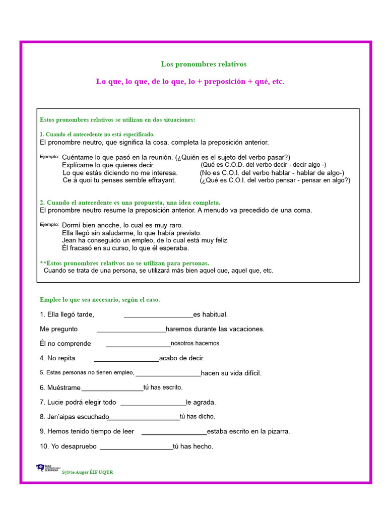 Actividad 1 Los Pronombres Relativos Lo Que, Lo Que, Etc. | PDF ...