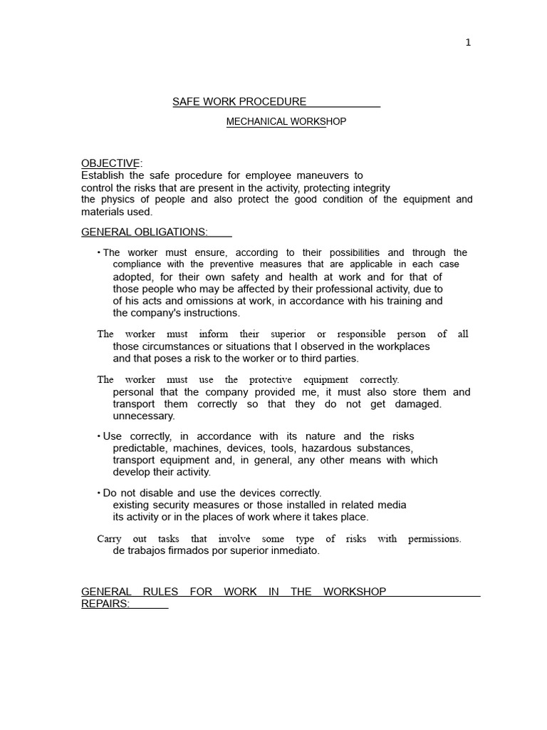 Safe Work Procedure - Maintenance Workshop | PDF | Personal Protective ...