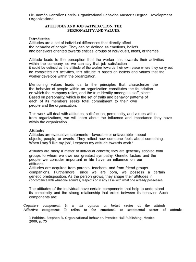 Essay On Attitudes, Job Satisfaction, Leadership Skills and Values ...