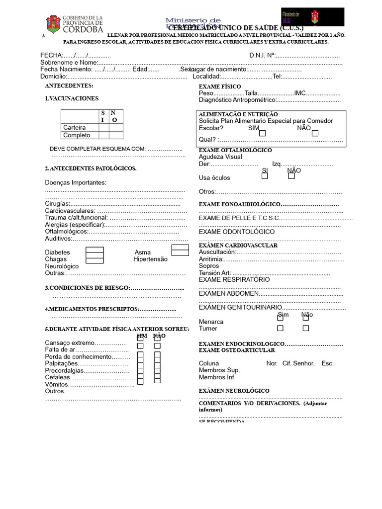 Modelo Certificado Único de Saúde CUs | PDF | Enfermedades y trastornos | Cuidado de la salud