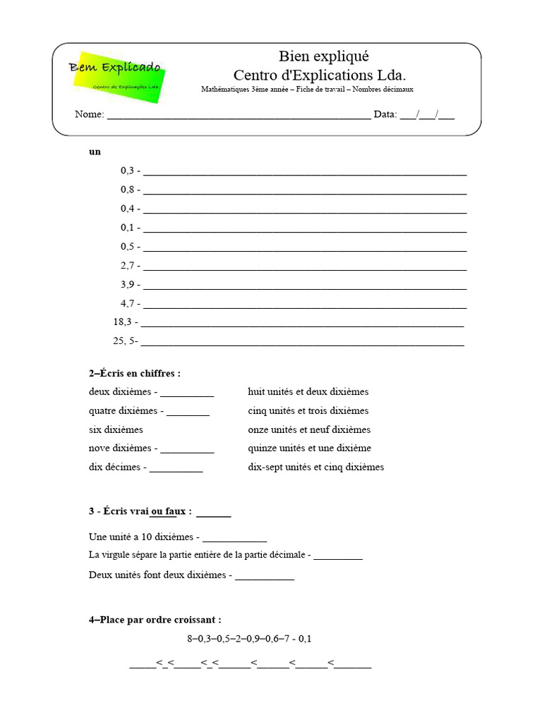 Fiche de travail sur les nombres décimaux | PDF | Décimal | Division