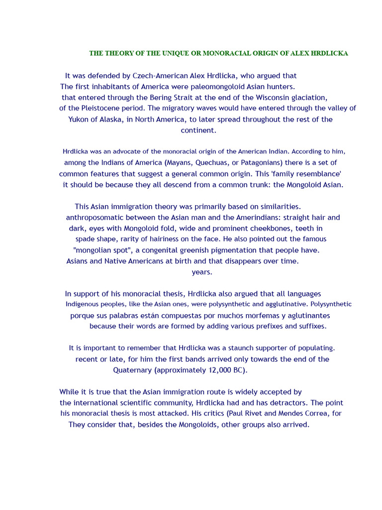 Theory of The Unique or Monoracial Origin by Alex Hrdlicka | PDF ...