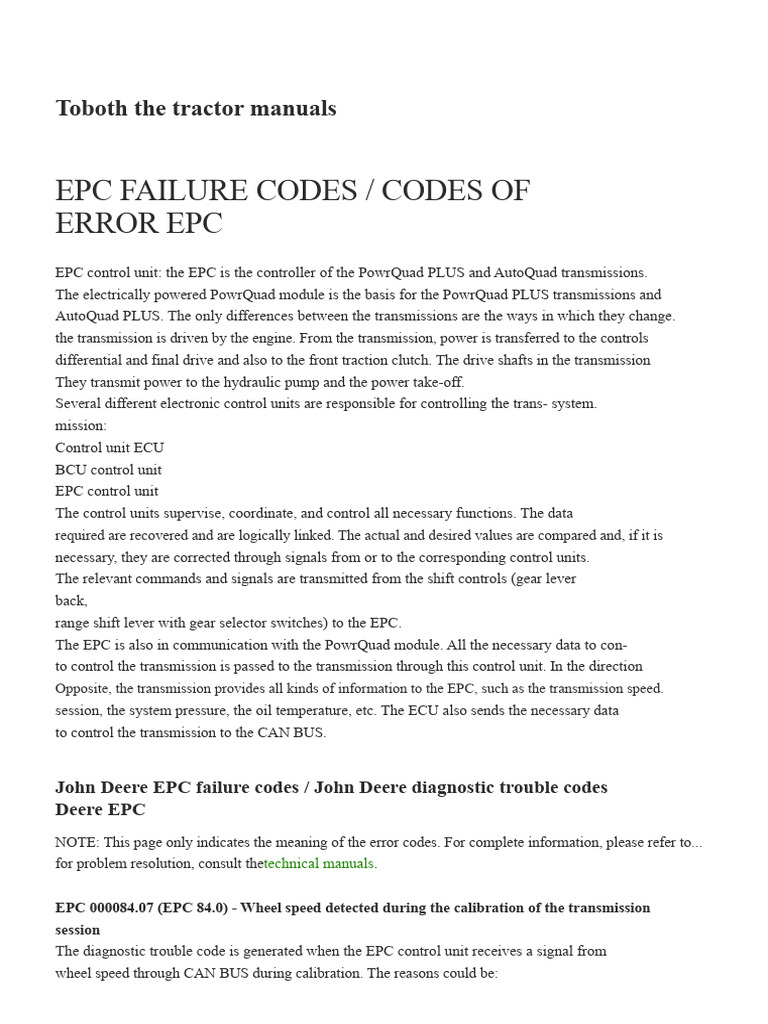 John Deere EPC Failure Codes Explained | PDF | Throttle | Manual ...