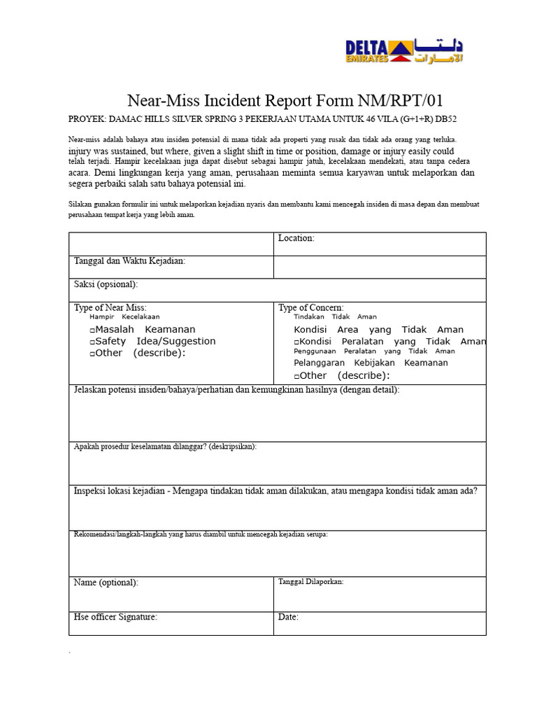 Template Untuk Formulir Laporan Near Miss | PDF