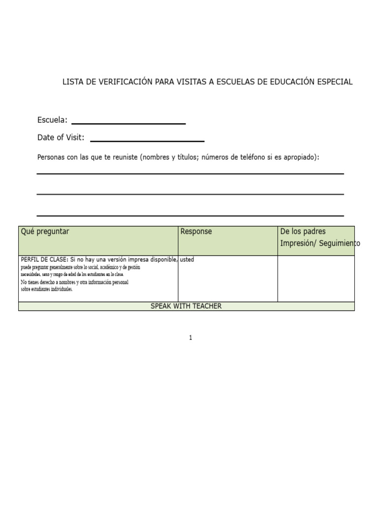 Lista de Verificación para Visita A Escuelas de Educación Especial ...
