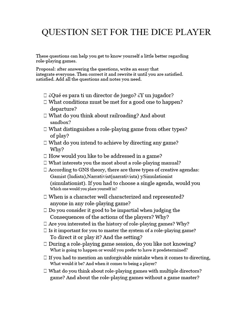 Dice Player Self-Reflection Questions | PDF | Role Playing Games