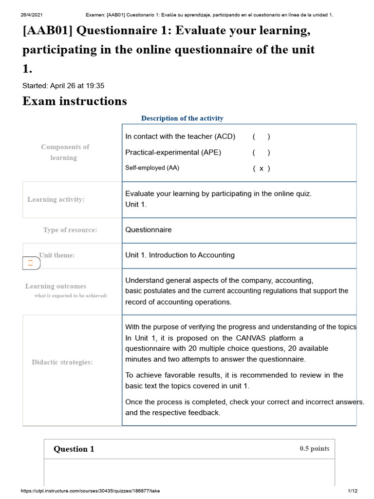 Exam (AAB01) Questionnaire 1 - Evaluate Your Learning by Participating ...