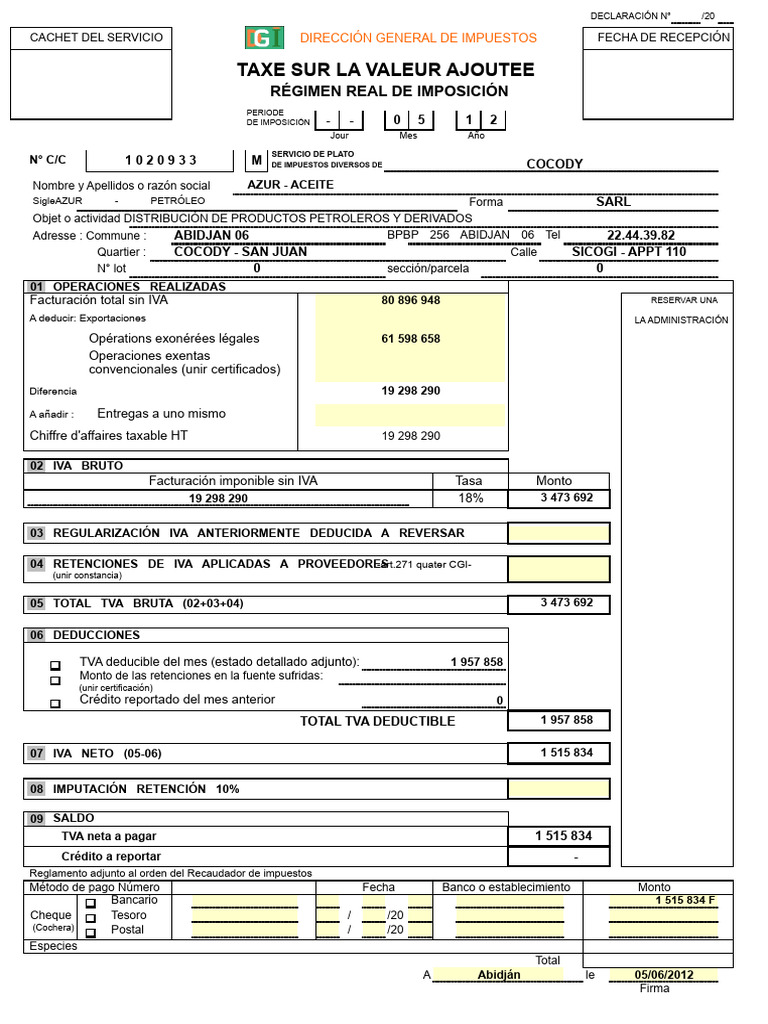 MODELO DECLARACIONES IVA + AIRSI + TSE-AZUR OIL 2012 | PDF | Servicios (economía) | Finanza pública