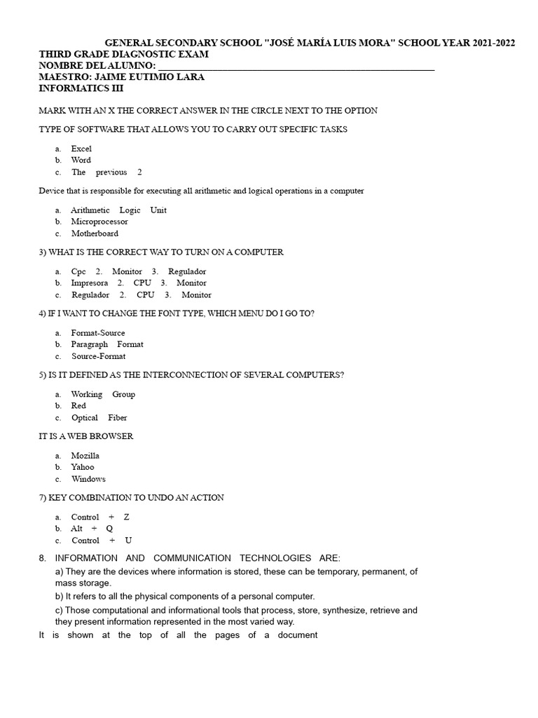 Diagnostic Exam THIRD GRADE COMPUTER SCIENCE 3 | PDF | Central ...