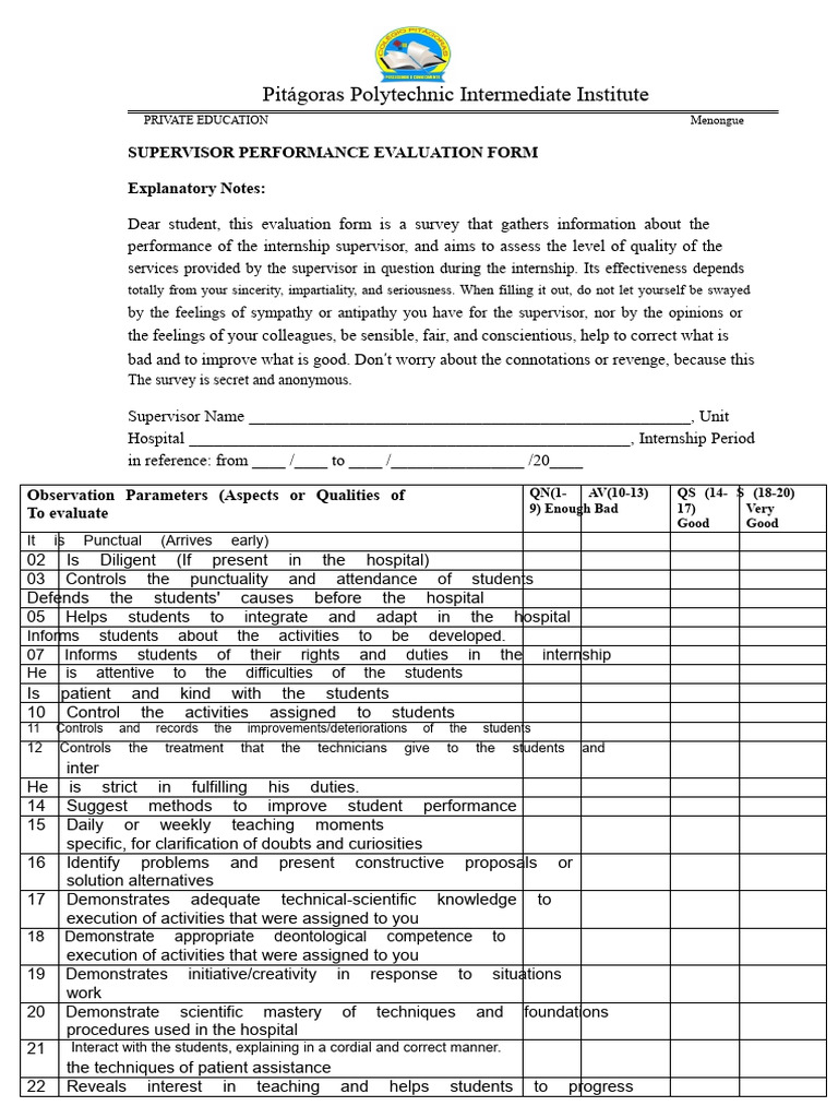 Performance Evaluation Form For Supervisor and Teacher - 24 | PDF ...