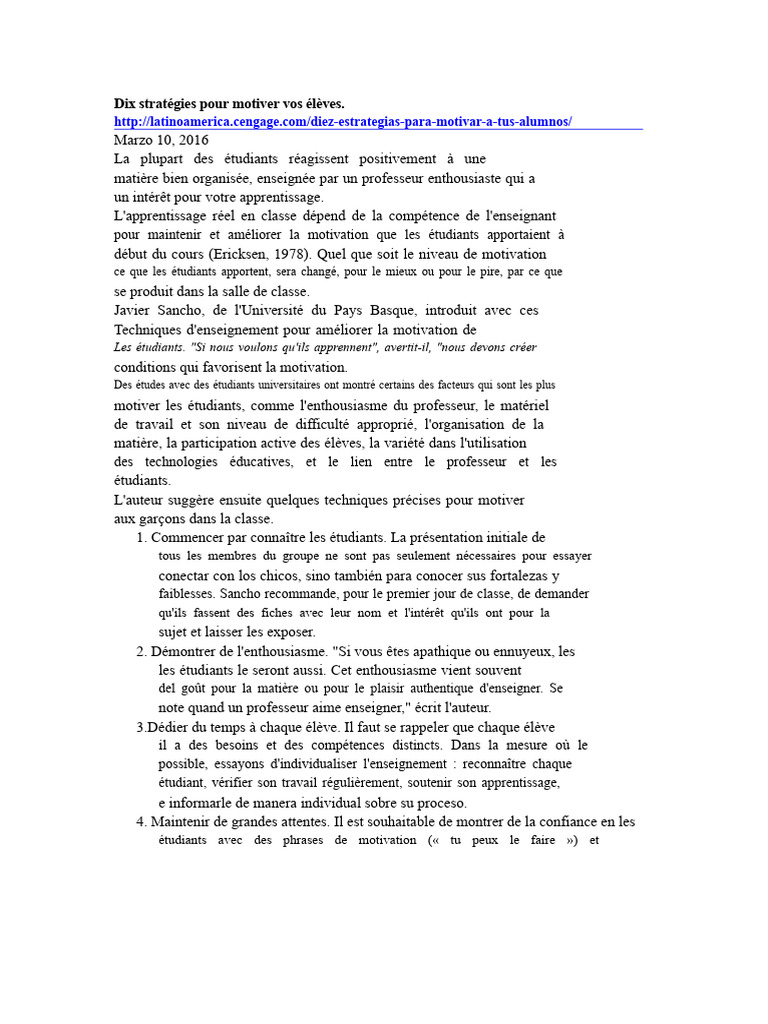 10 Stratégies pour Motiver les Élèves | PDF | Motivation | Motivant