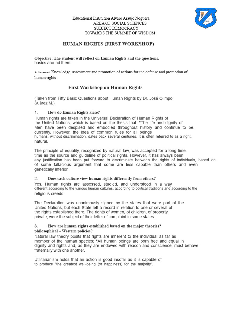 Workshop 1 and 2 HUMAN RIGHTS Democracy Grade 8 | PDF | Human Rights ...