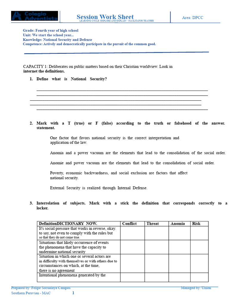 s1 - Security and National Defense - Session Work Sheet (FTS) | PDF