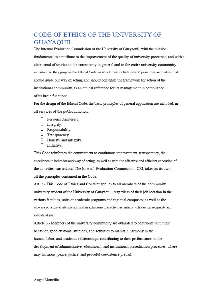University of Guayaquil Ethical Code | PDF | Integrity | Justice