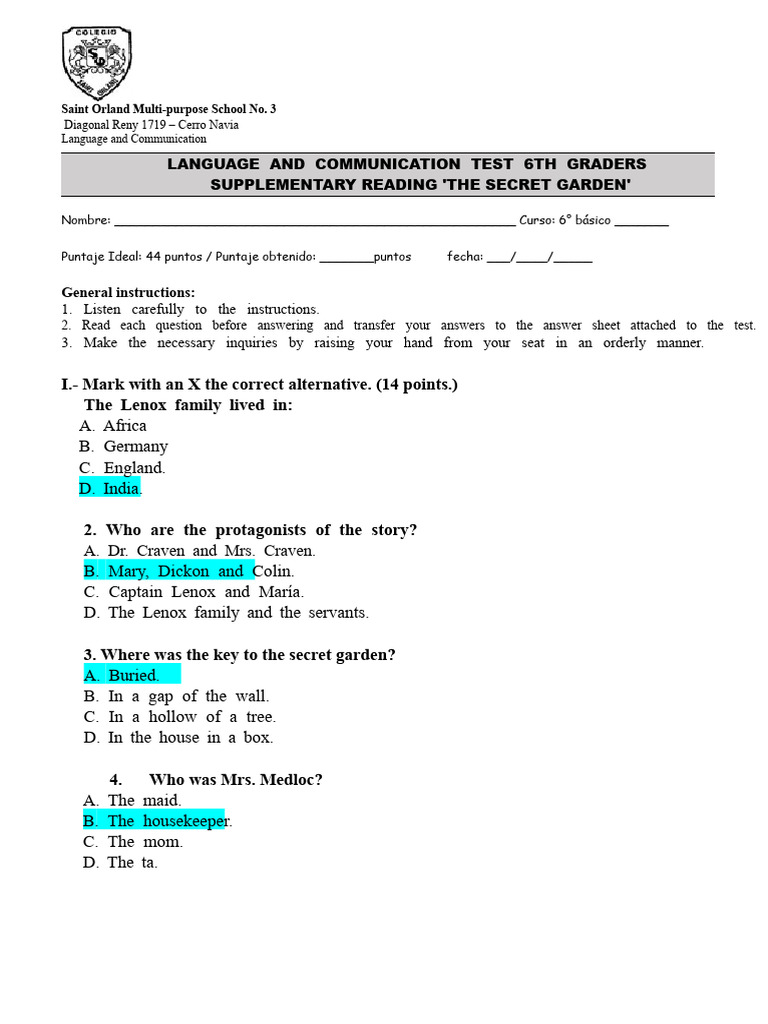 6th Grade Language Test: The Secret Garden | PDF | The Secret Garden