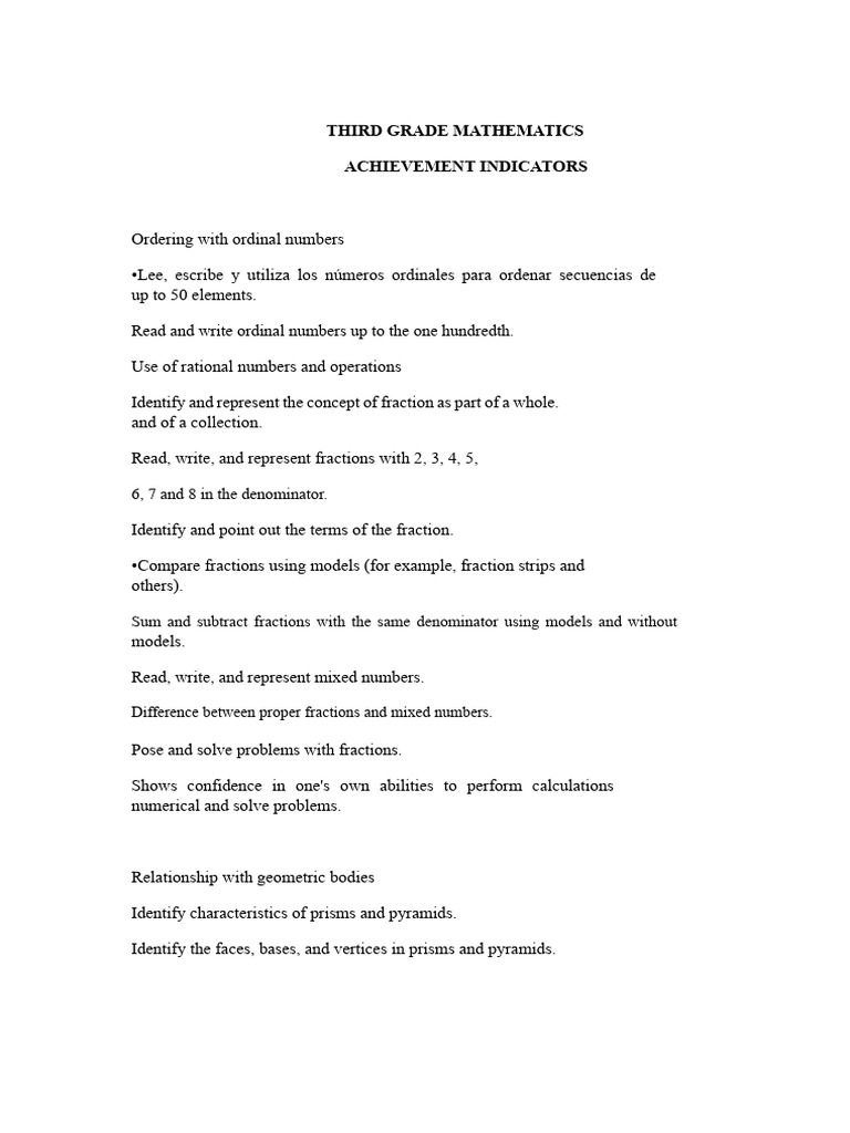 Indicators of Spanish and Mathematics Third Grade | PDF | Area ...