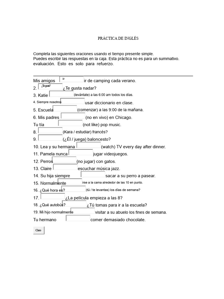 Práctica de Presente Simple en Inglés | PDF
